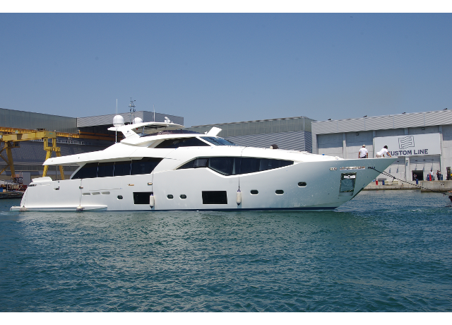 The first Custom Line 108' touches the water 2015 - Custom Line
